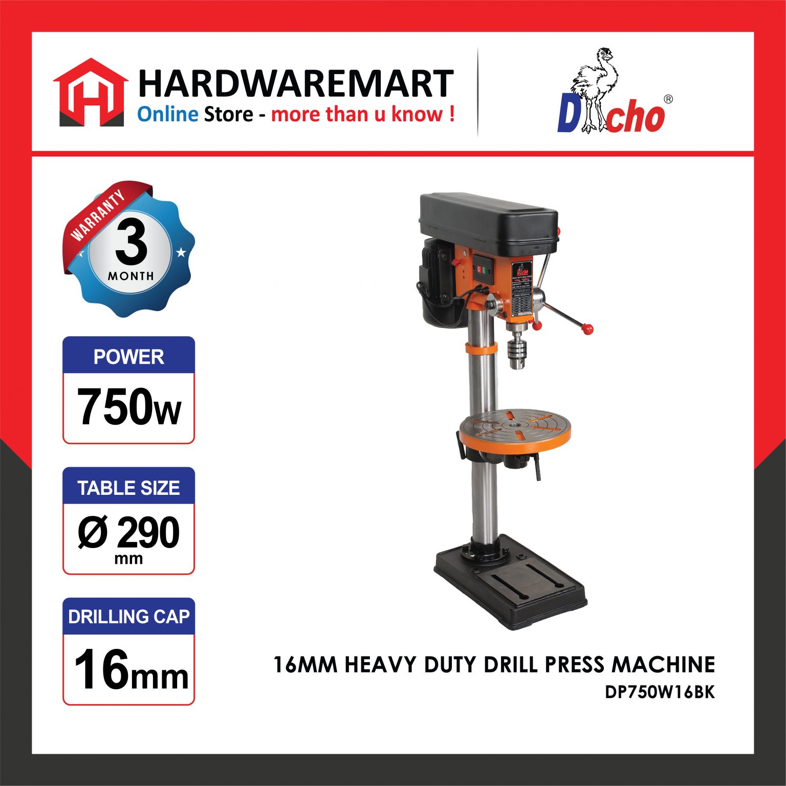 Dacho Heavy Duty Drill Press (16mm/750W) - Malaysia Hardware Online Store