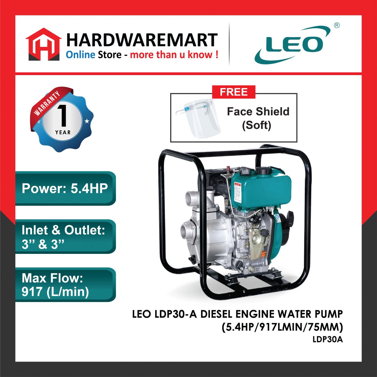 LEO 5.4HP Diesel Water Pump: 917L/min, 75mm Outlet | HardwareMart