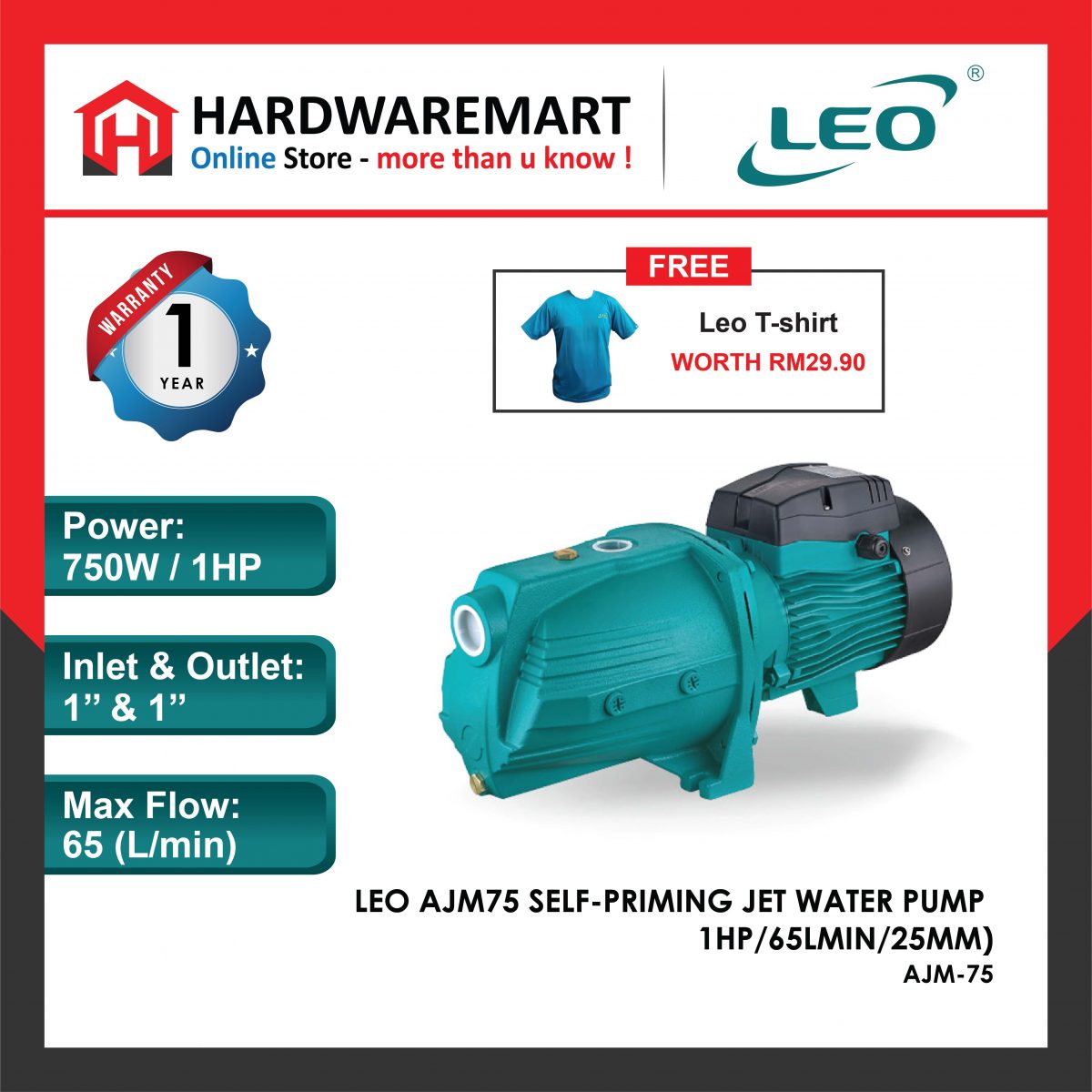 LEO AJM75 Self-Priming Jet Water Pump (1HP/65LMIN/25MM)