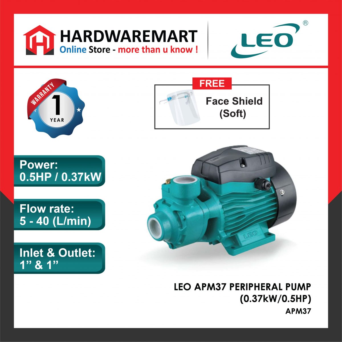 LEO APM37 Peripheral Pump [1 Phase] (0.37kW/0.5HP) - HardwareMart