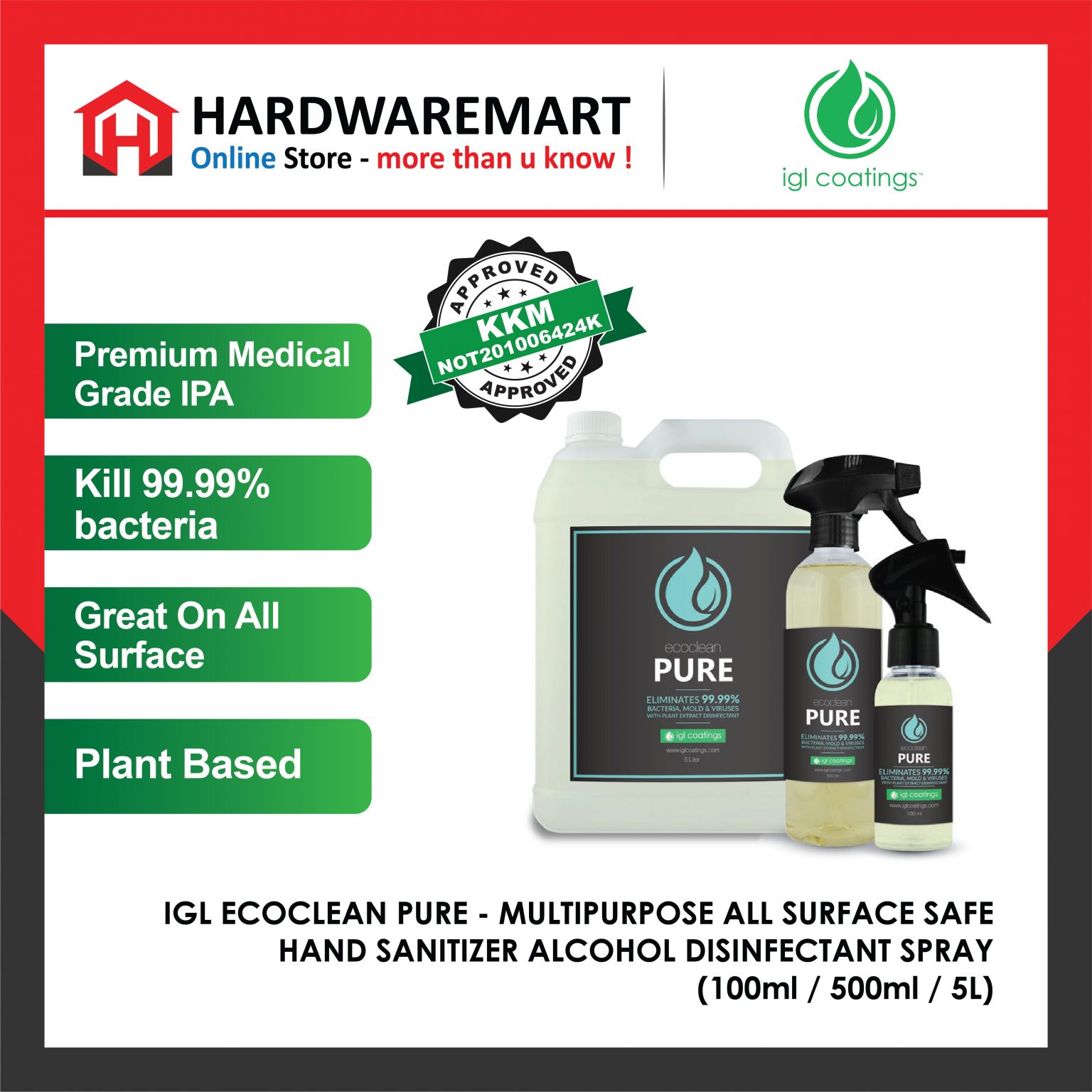 IGL Ecoclean PURE Disinfectant Spray Sanitizer 100ml 500ml 5L ...