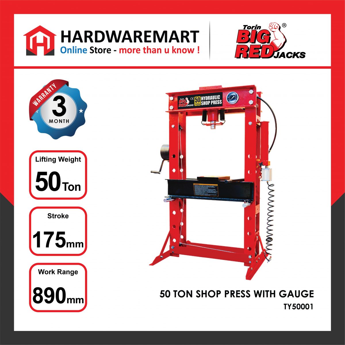 Bigred 50 Ton Hydraulic Shop Press With Gauge - HardwareMart Online