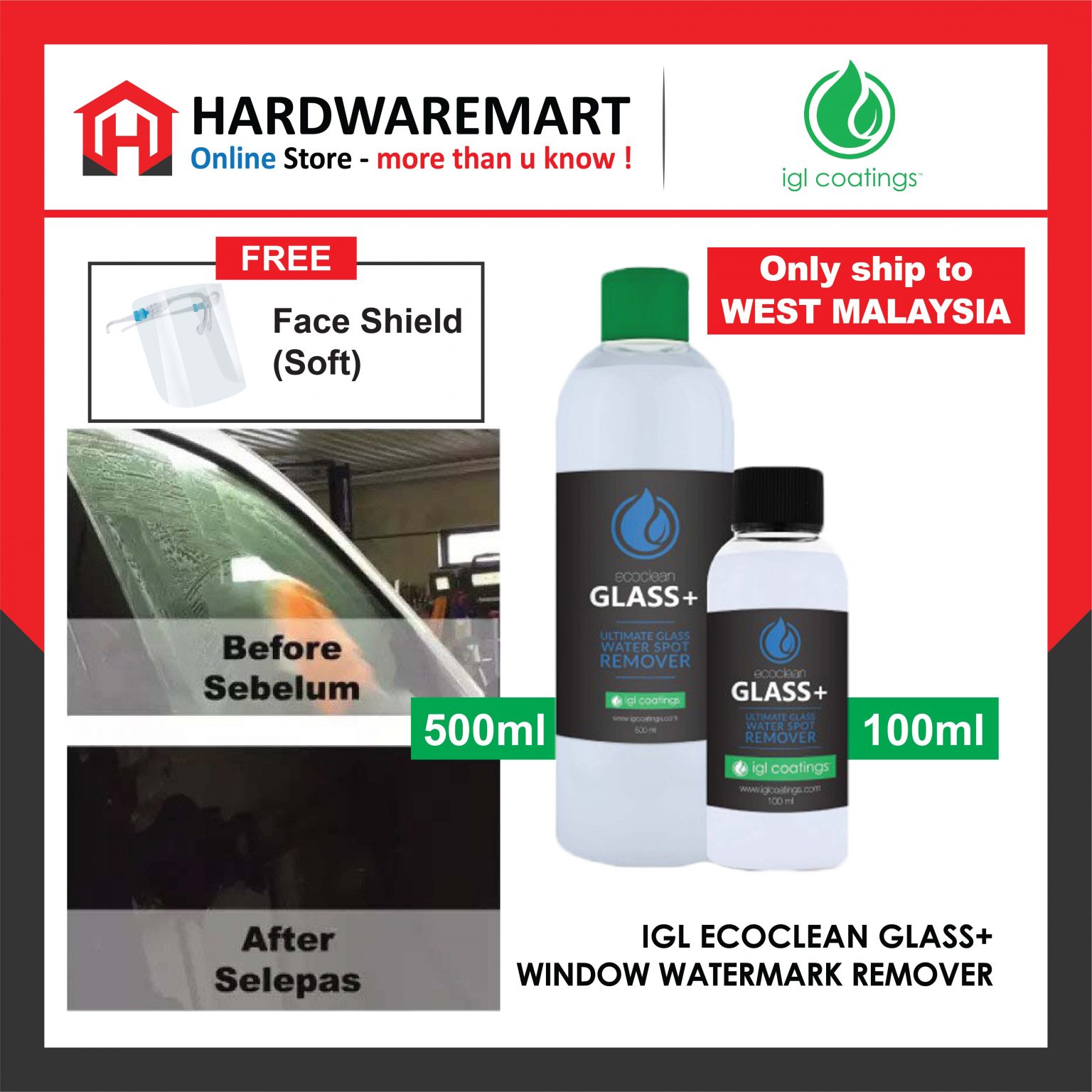 IGL ECOCLEAN GLASS+ - Glass Waterspot Remover (100ml & 500ml ...