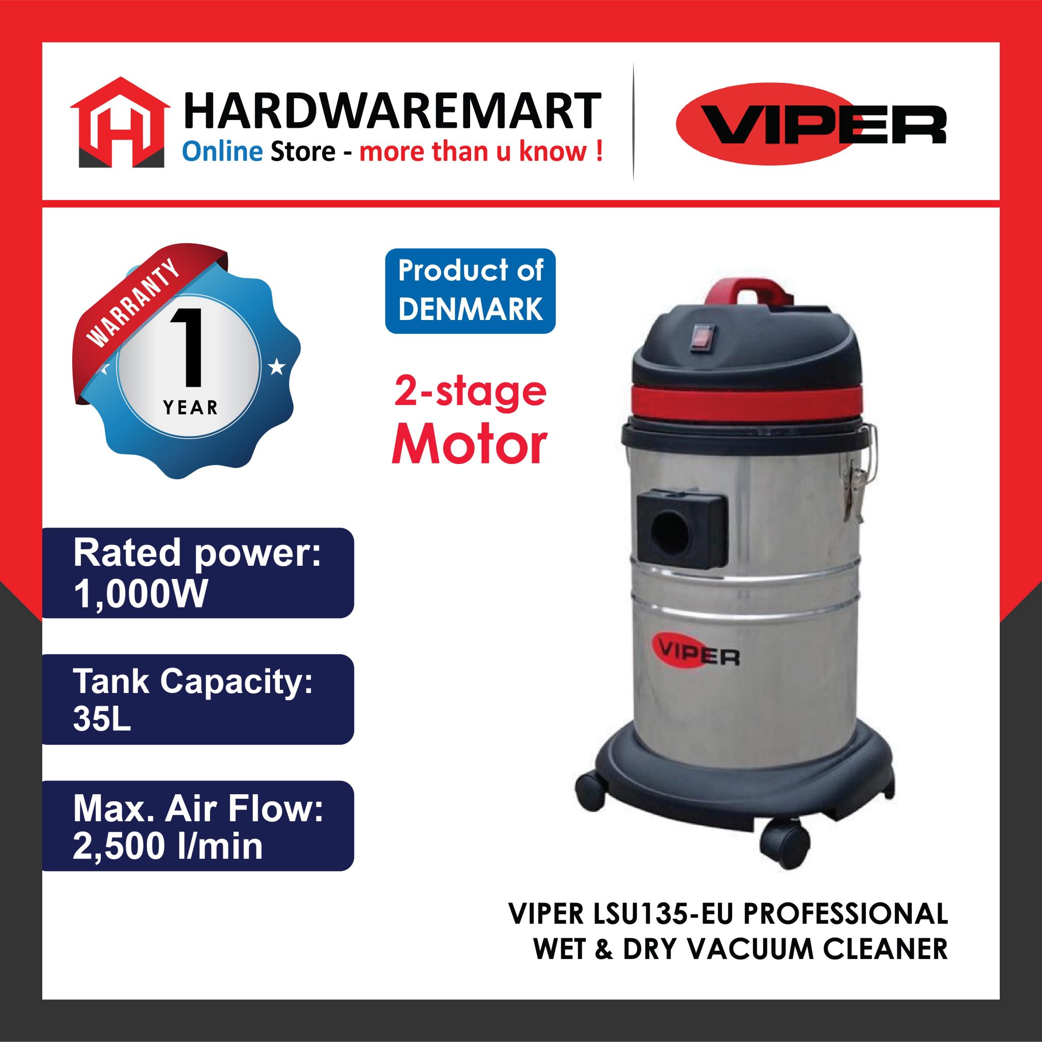 NILFISK VIPER LSU135-EU Professional Wet & Dry Vacuum Cleaner 1000W 220 ...