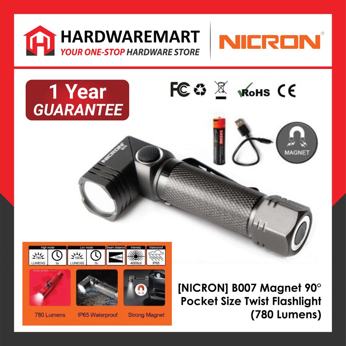 [NICRON] B007 Magnet 90Degree Pocket Size Twist Flashlight | HardwareMart