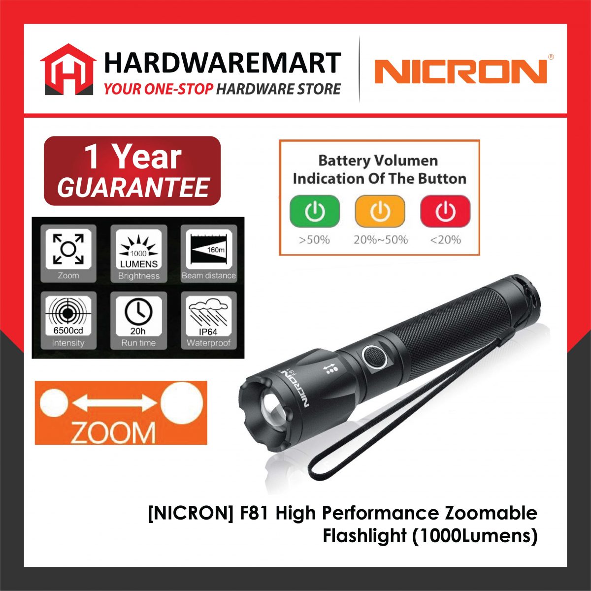 [NICRON] F81 High Performance Zoomable Flashlight | HardwareMart
