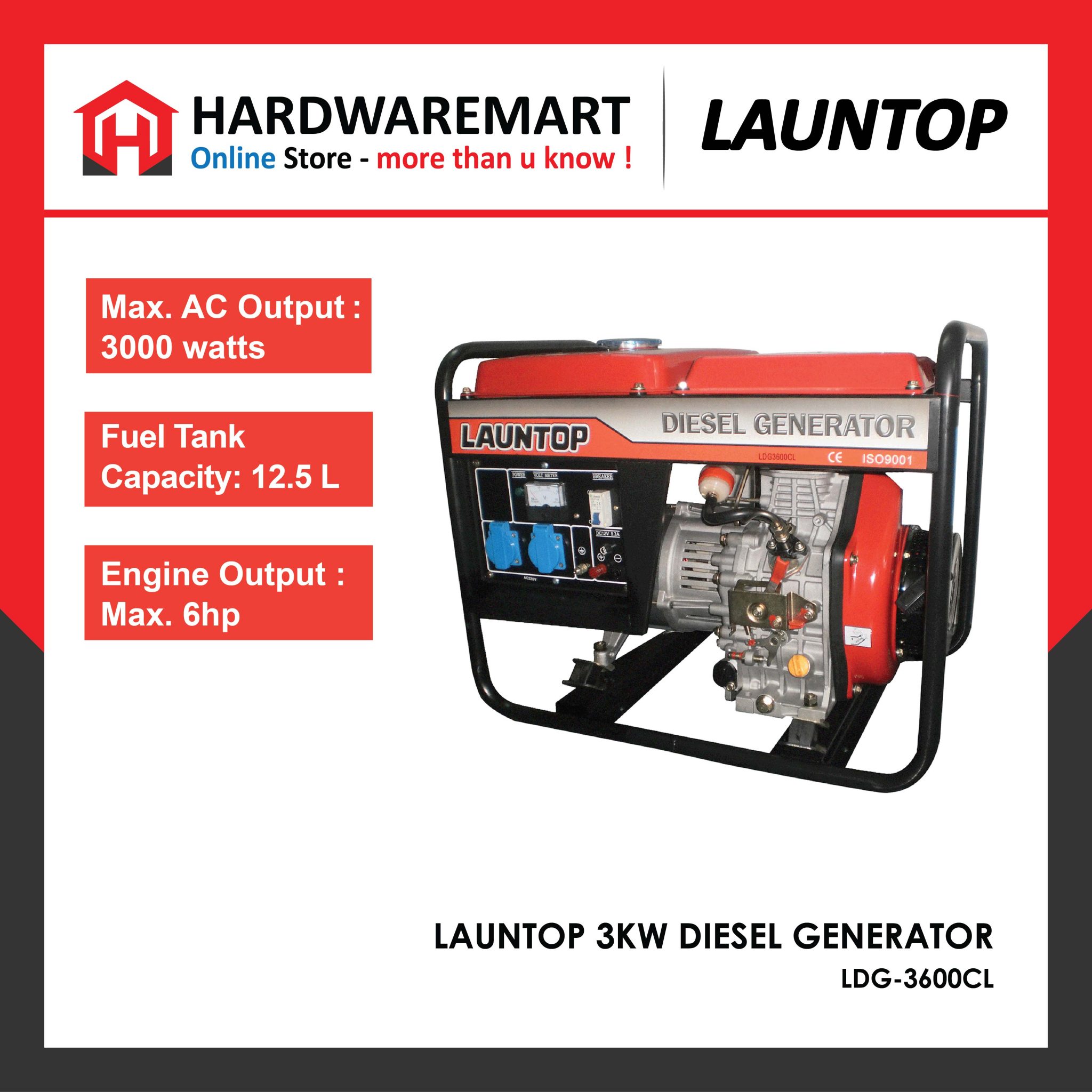LAUNTOP 3KW HEAVY DUTY DIESEL GENERATOR (LDG-3600CL) ENGINE PENJANA ...