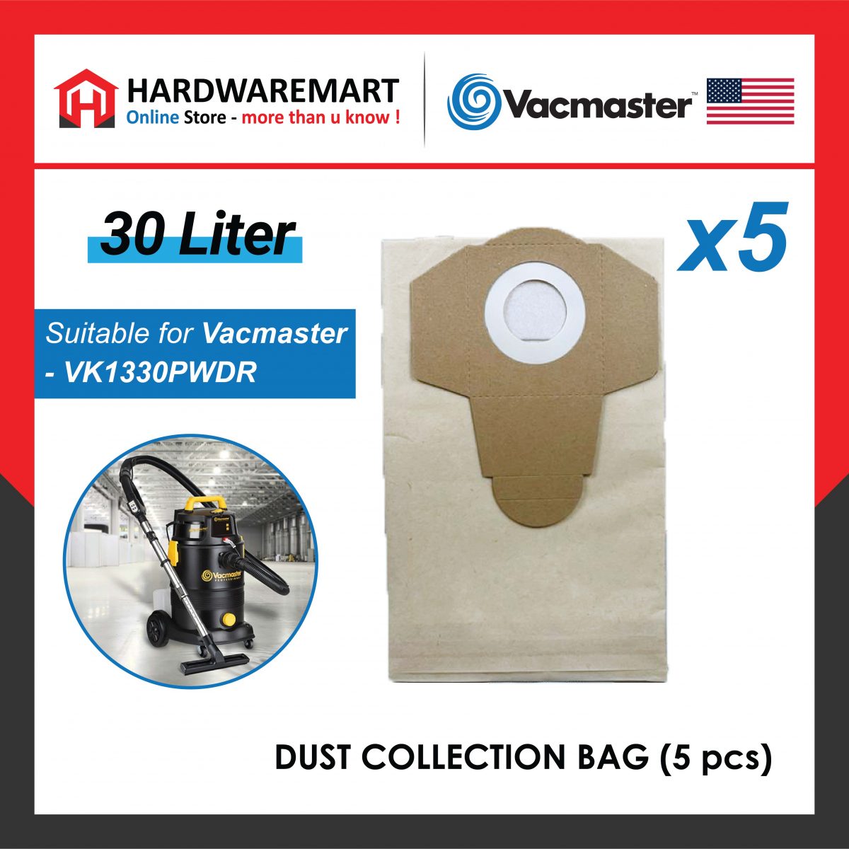 VACMASTER VACUUM CLEANER 30L DUST COLLECTION BAG (5 pcs) - HardwareMart