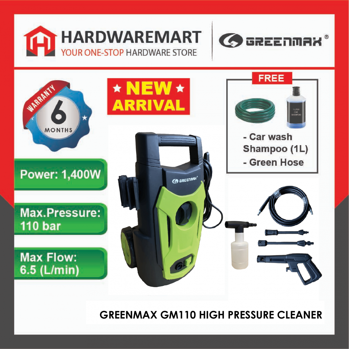 Greenmax GM110 High-Pressure Cleaners Water Jet Pressure Washer Car Wash - HardwareMart