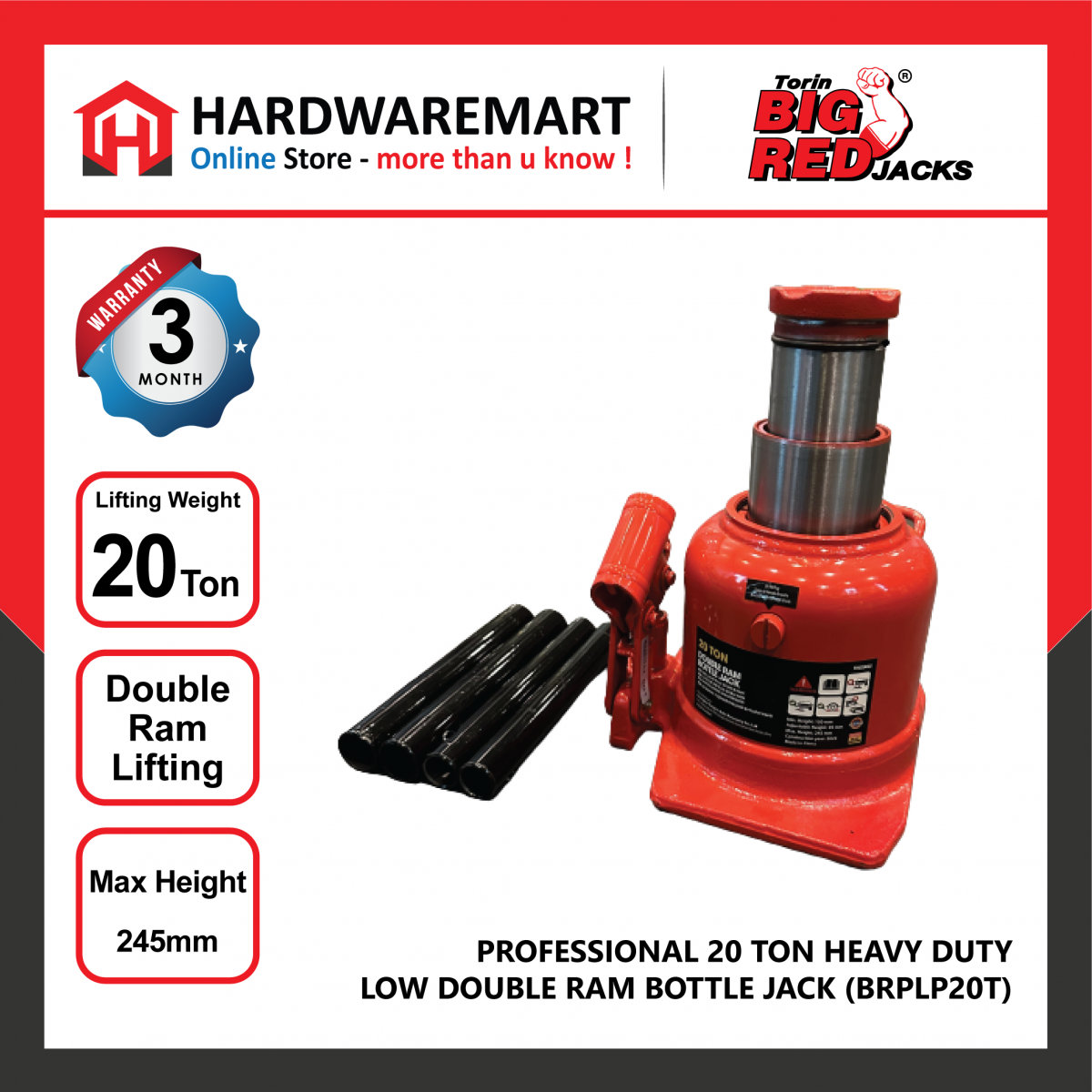 Bigred 20 Ton Double Ram Bottle Jack - Heavy Lifting Jack