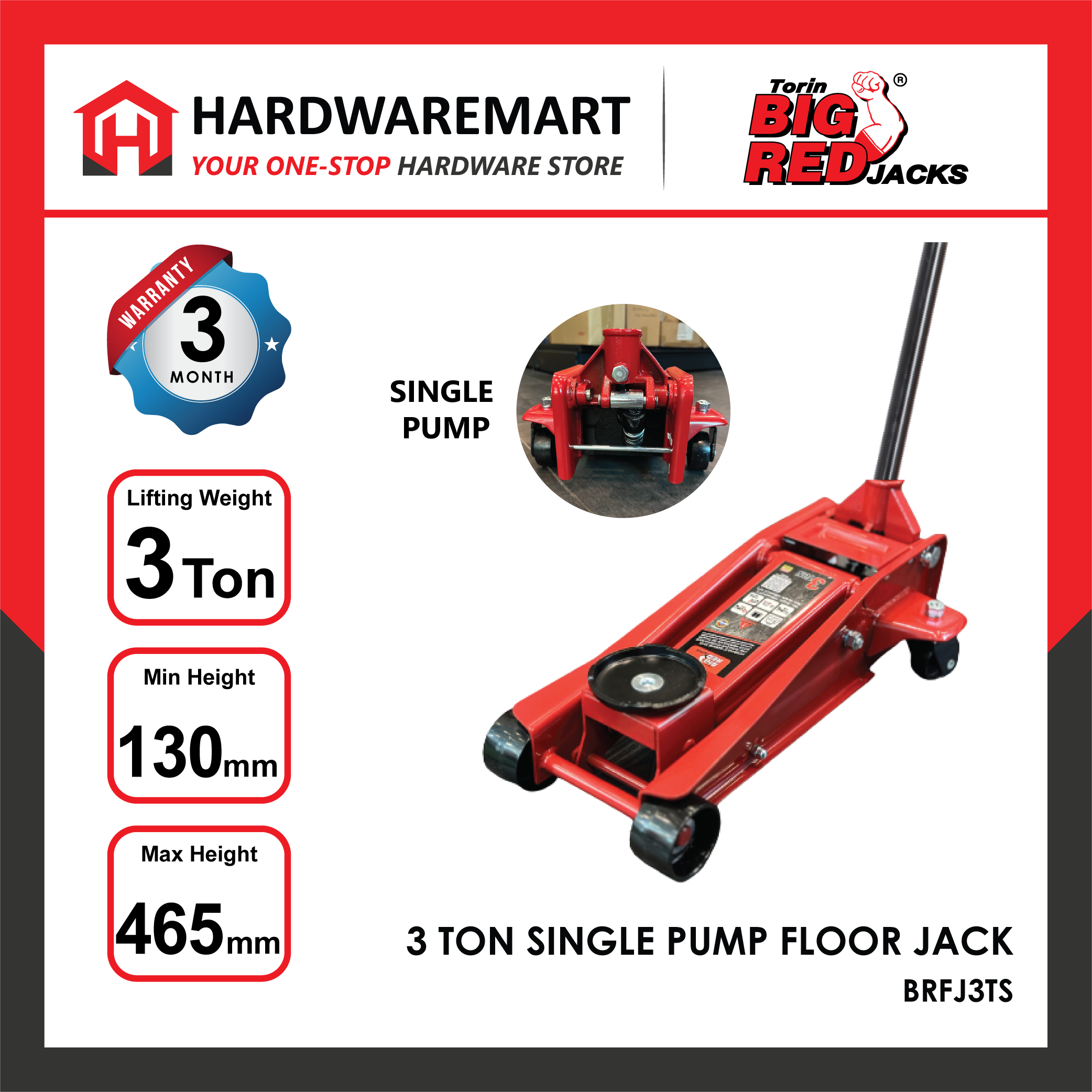 BIGRED 3 TON SINGLE PUMP FLOOR JACK - HardwareMart