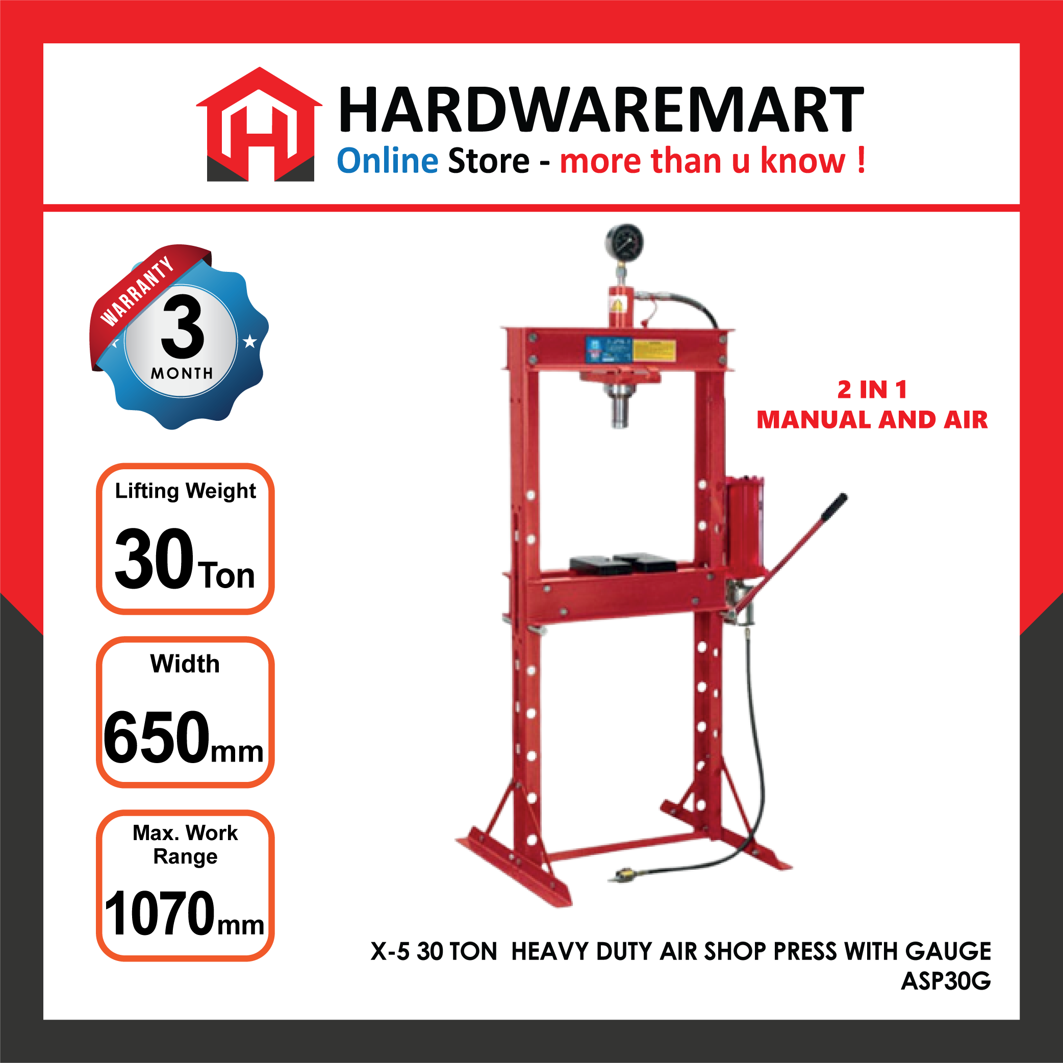 X5 30 TON HEAVY DUTY SHOP PRESS WITH GAUGE (2 IN 1) - HardwareMart