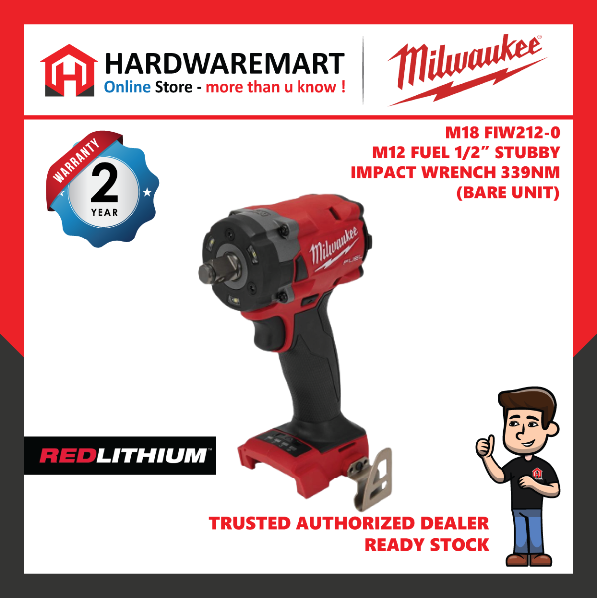 Milwaukee M18 FIW212 FUEL 1/2″ Compact Stubby Impact Wrench 339NM GEN2 ...