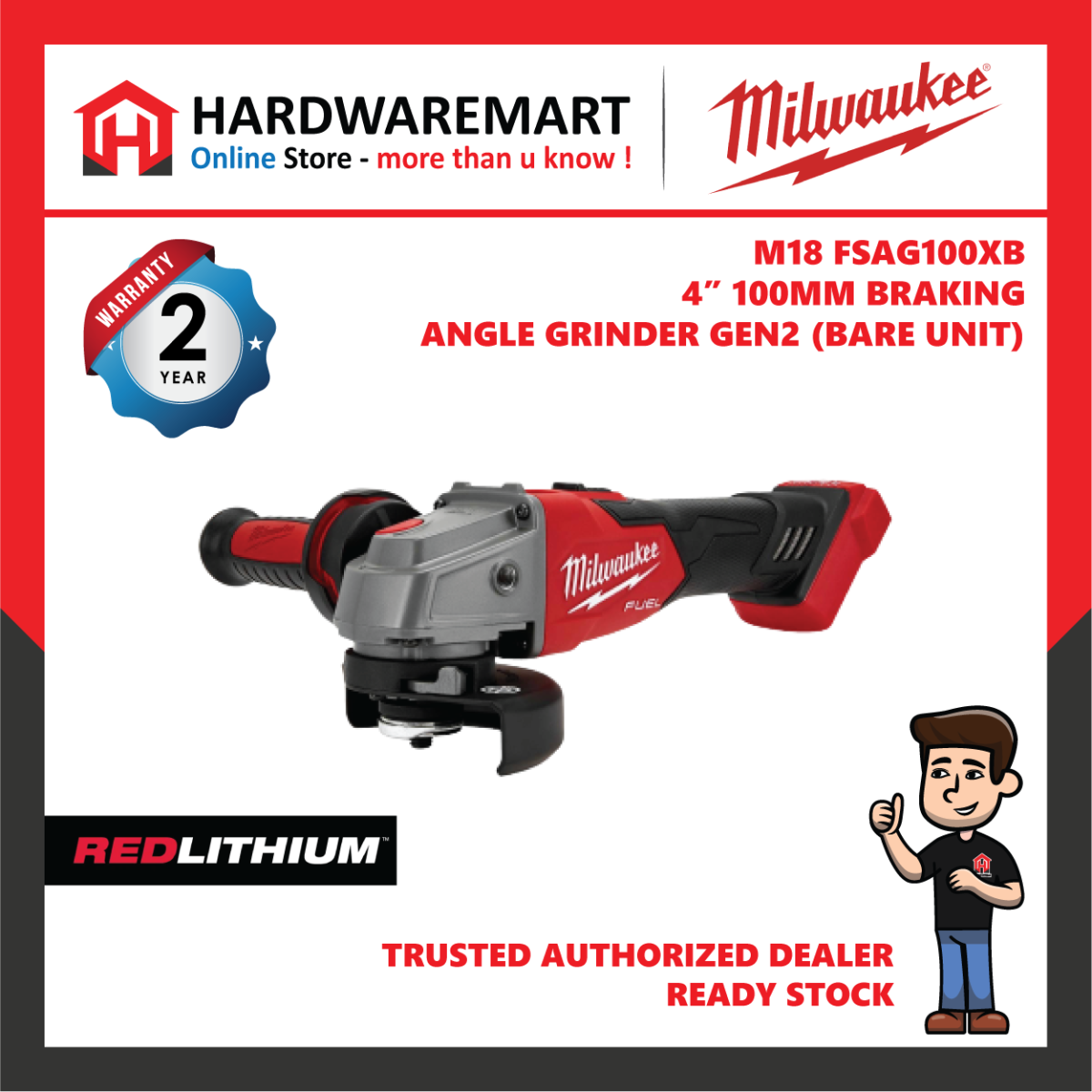 Milwaukee M18 FSAG100XB Fuel 4″ 100MM Braking Angle Grinder GEN2 ...