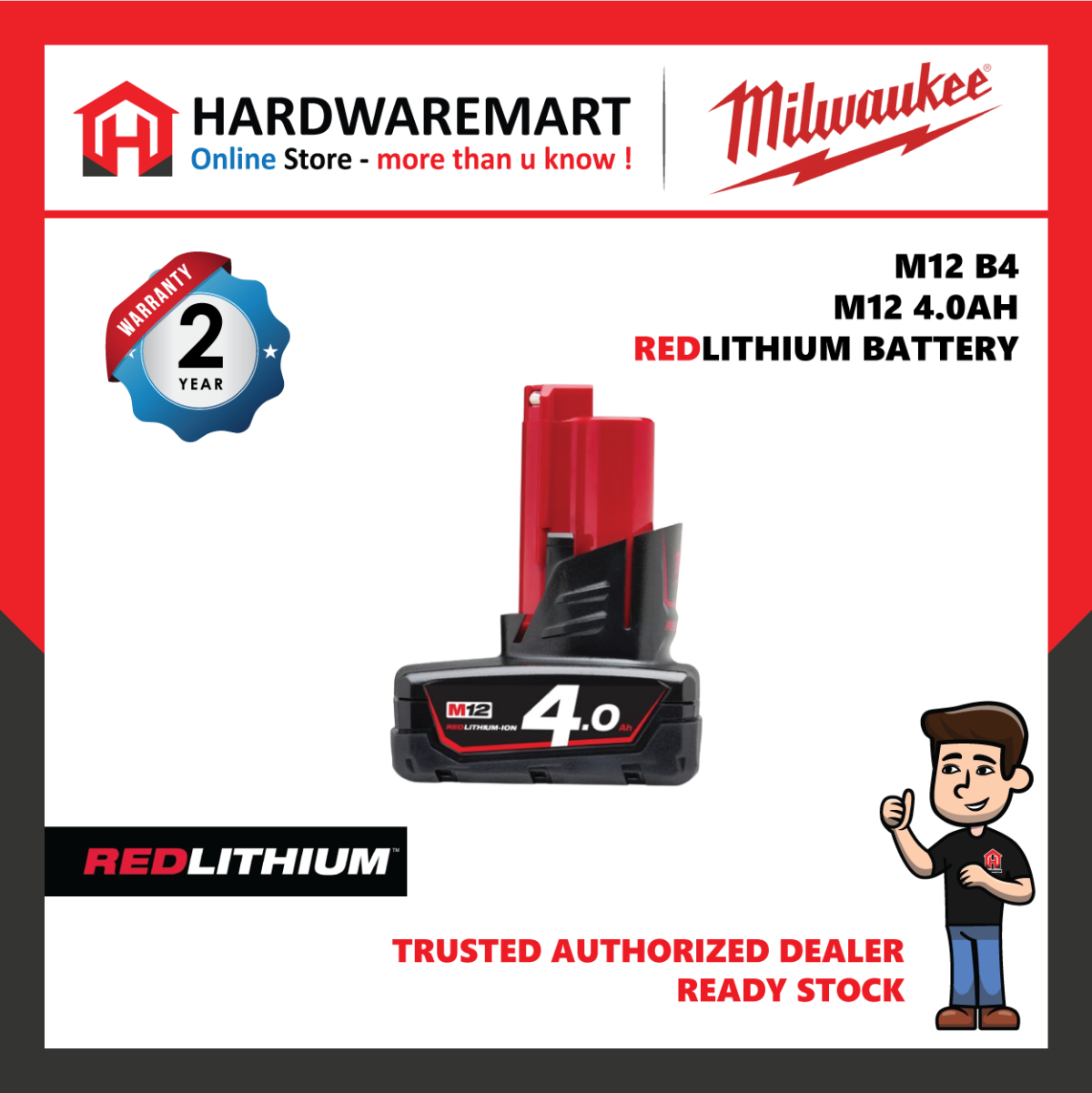 Milwaukee M12 RED LITHIUM ION 4.0AH Battery ( M12B4 ) | HardwareMart
