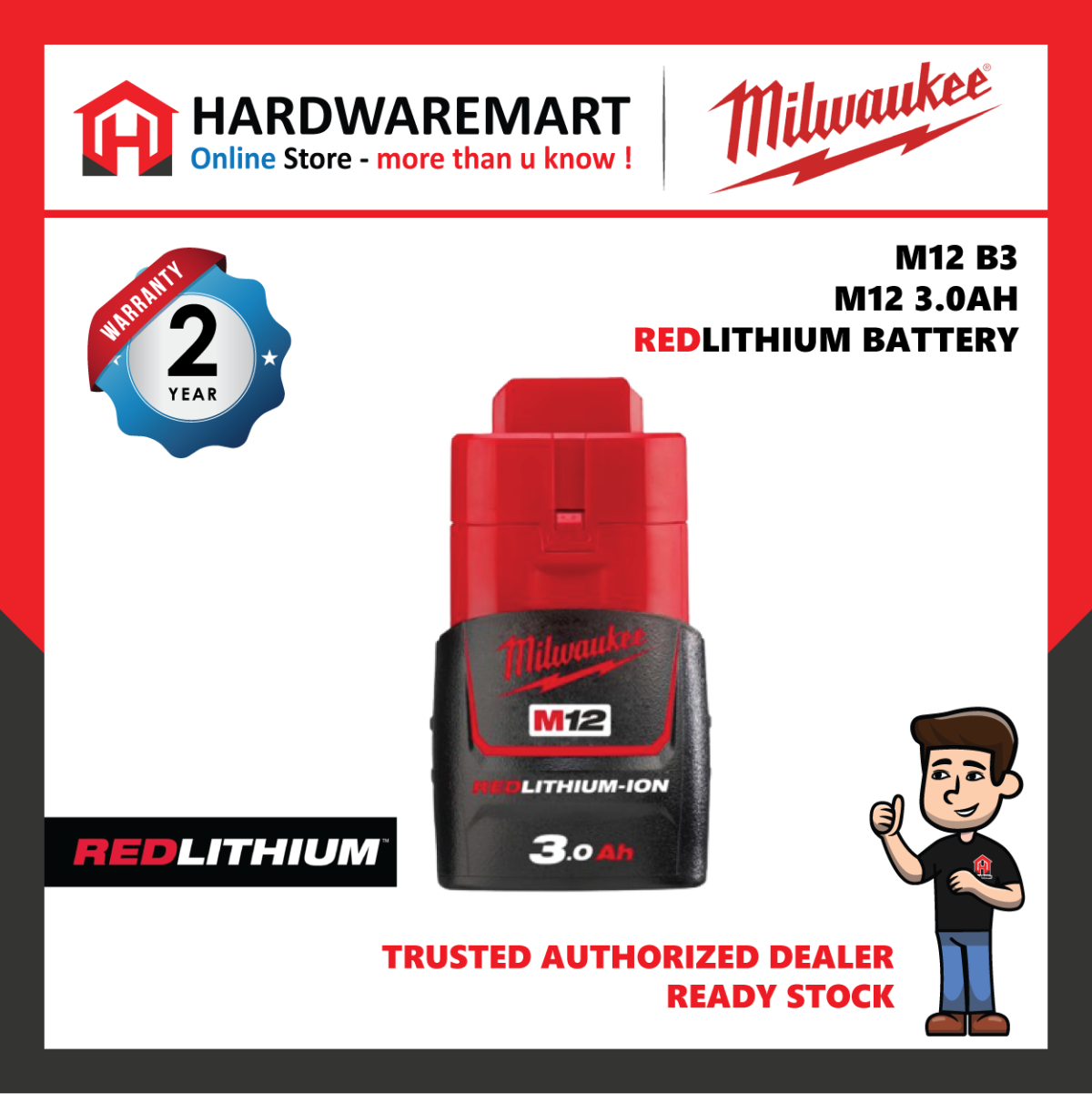Milwaukee M12 3.0AH Battery RED LITHIUM ION ( M12B3 ) | HardwareMart