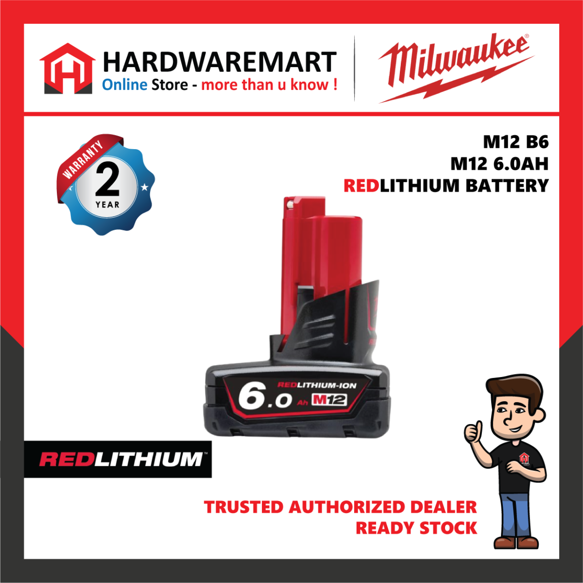 Milwaukee M12 6.0AH Battery RED LITHIUM ION ( M12B6 ) | HardwareMart
