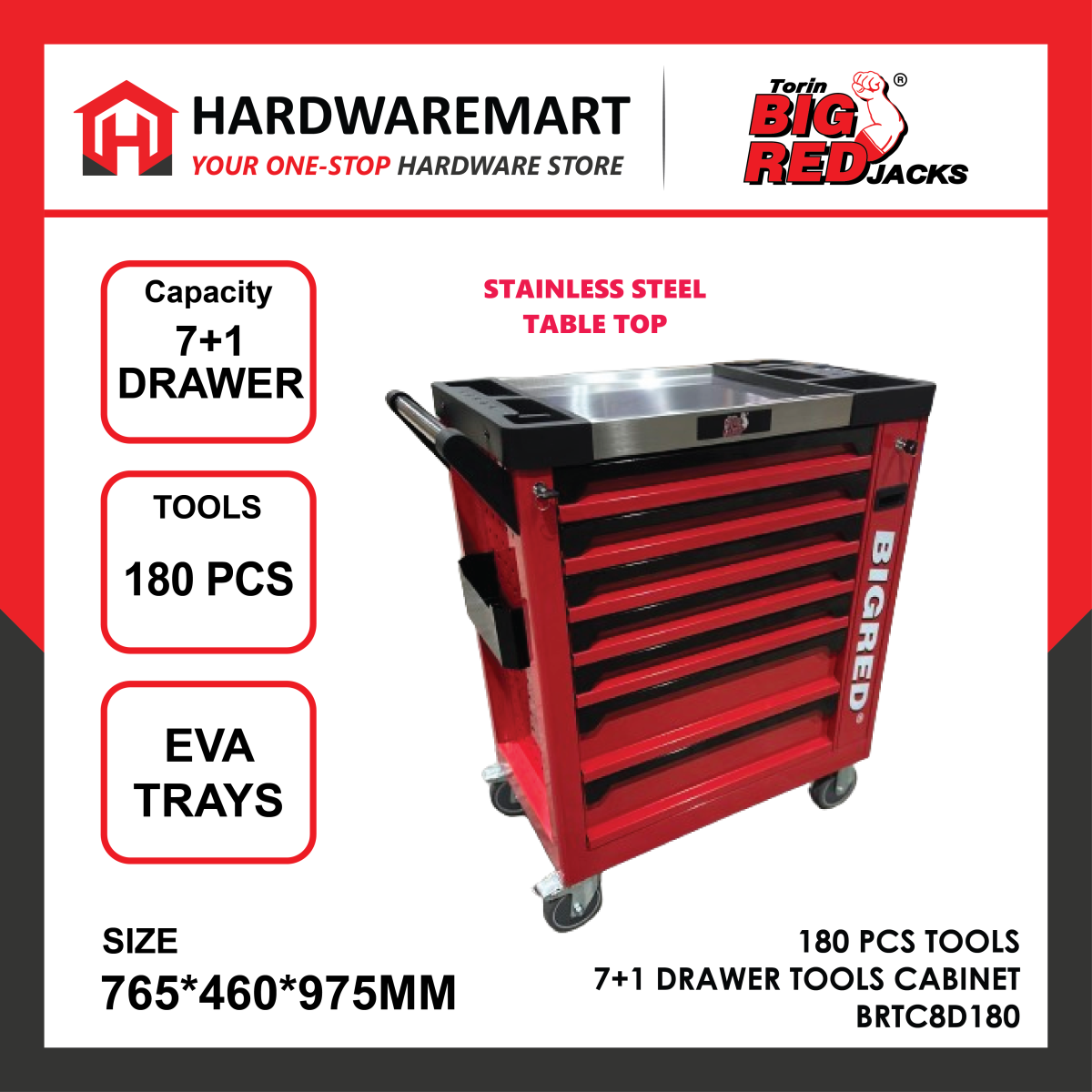 Bigred 8-Drawer Tool Cabinet - Heavy Duty Multi-Layer Storage Cart