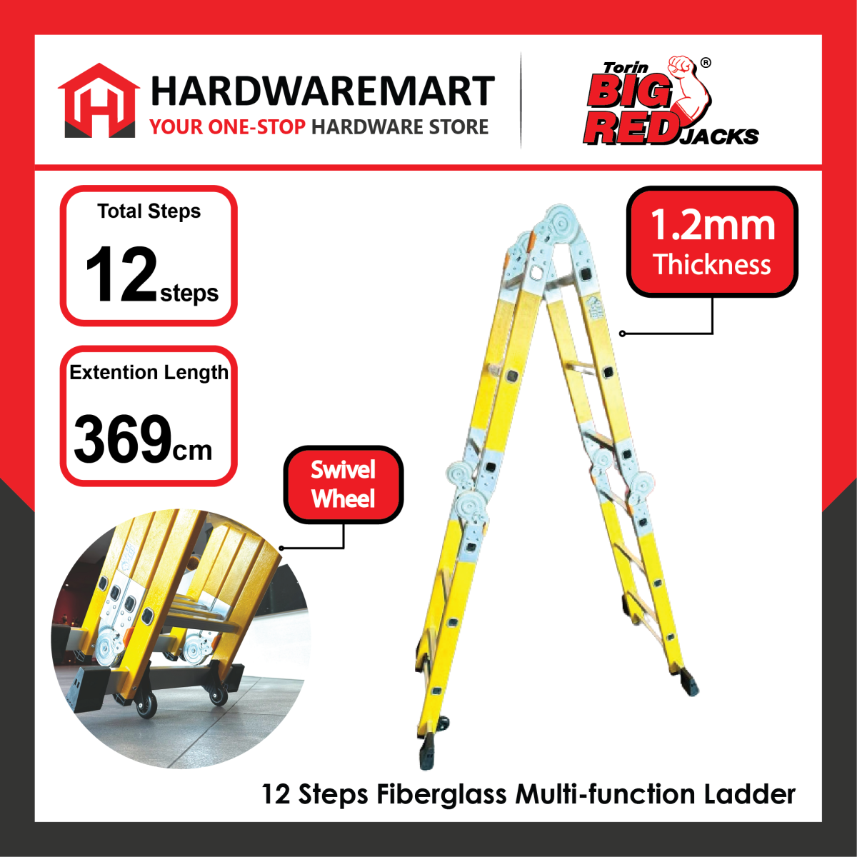 12 STEPS FIBREGLASS ALUMINIUM MULTI-FUNCTION LADDER - HardwareMart